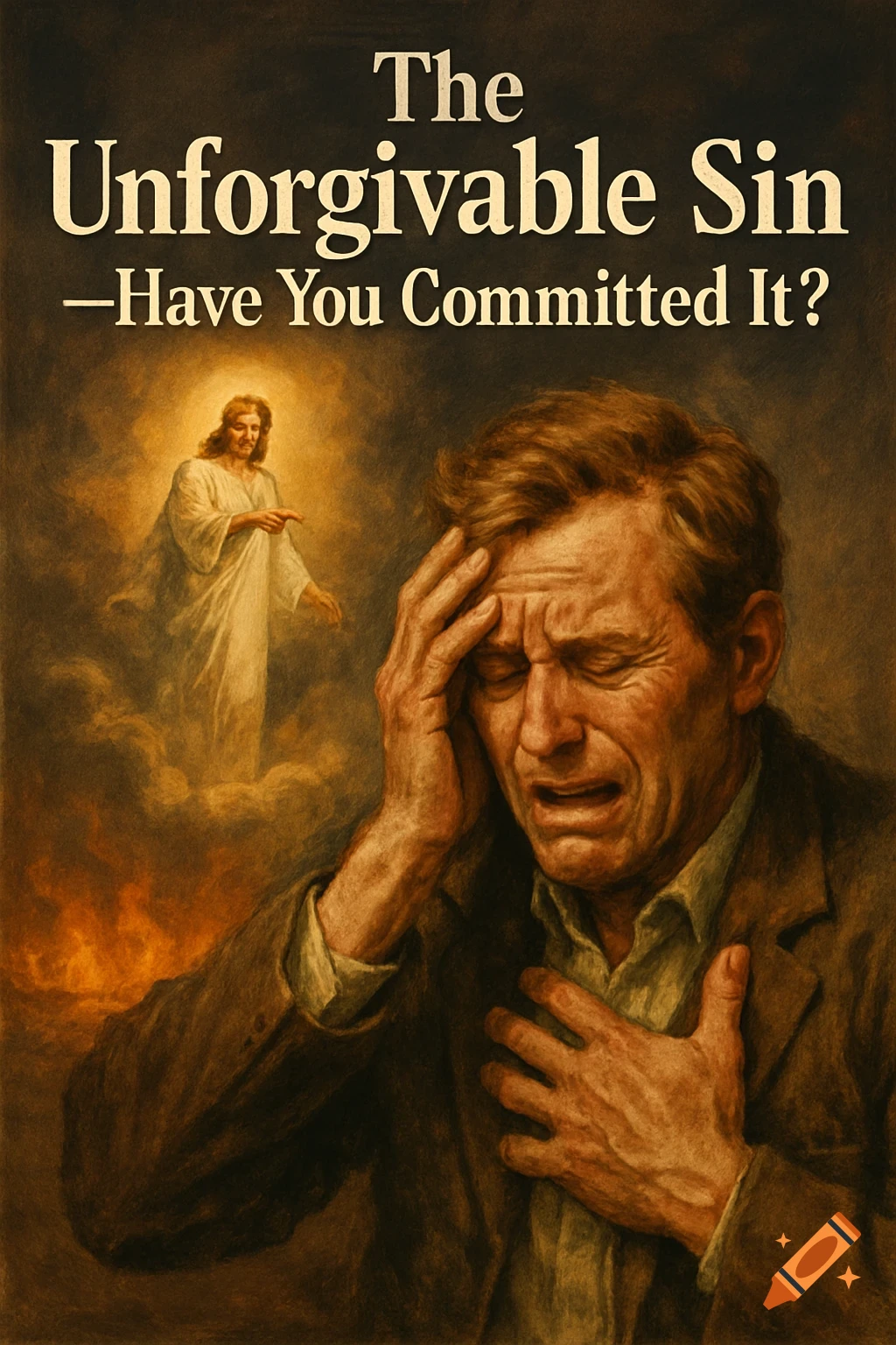 A classical painting style image of a distressed man clutching his head ...