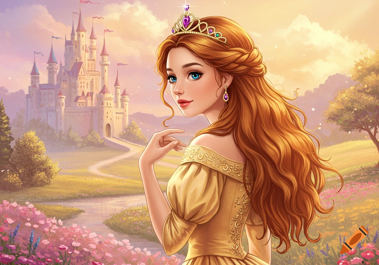 A beautiful red-haired princess in a golden gown and tiara stands in a field of flowers with a ...