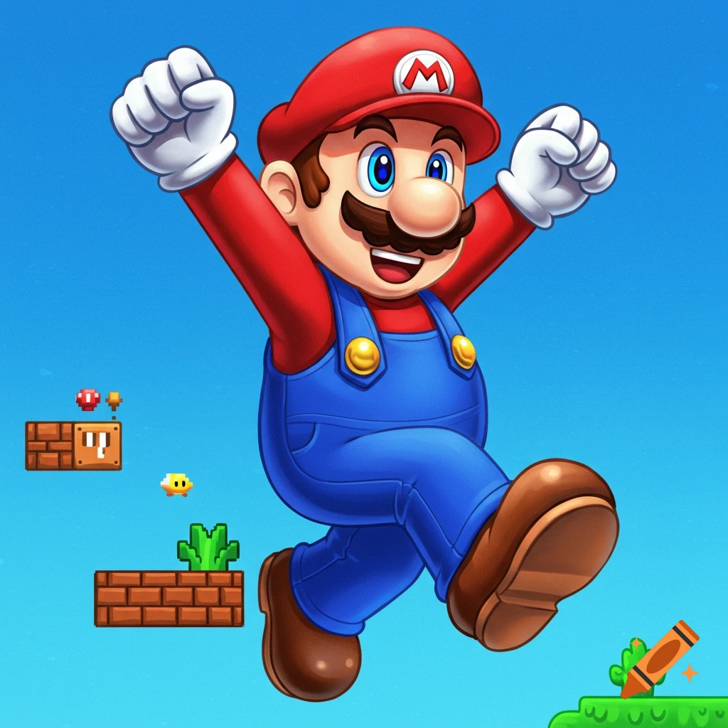 Cartoon Mario jumps with fists raised, against a blue sky with ...