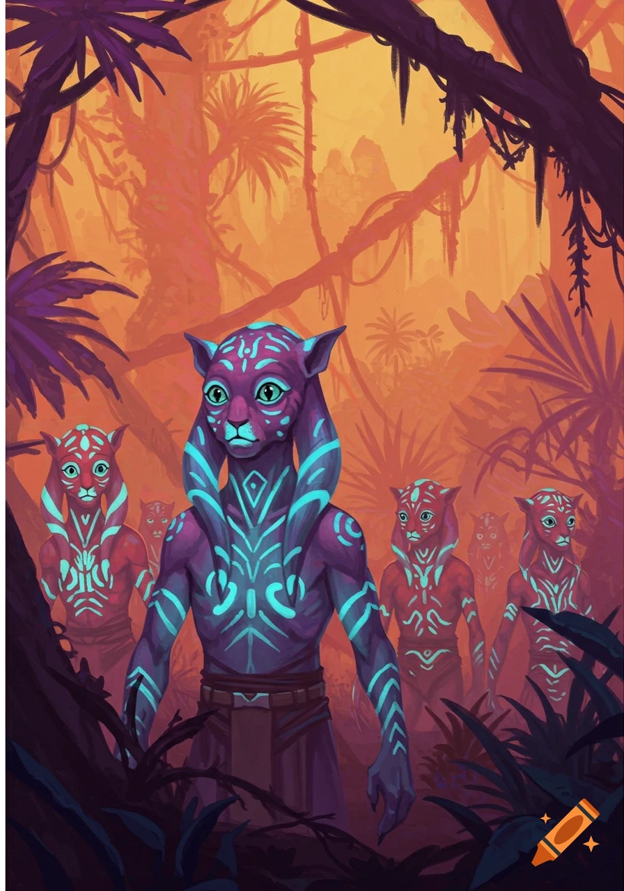 Purple and red alien creatures with glowing markings stand in a vibrant ...