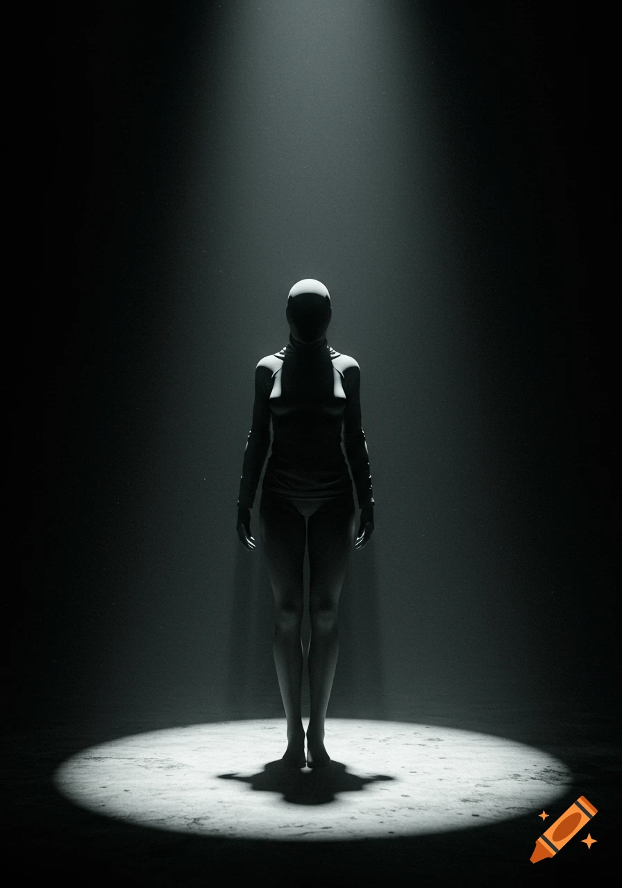 A minimalist, silhouetted female figure stands in a dramatic spotlight ...