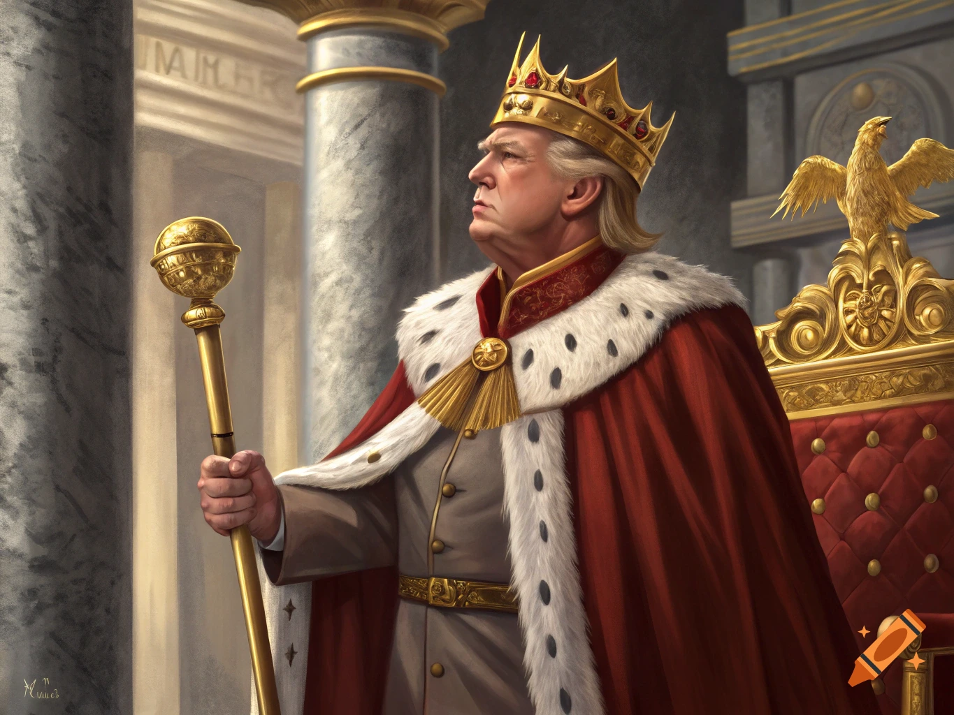 A photorealistic portrait of Donald Trump depicted as an emperor ...