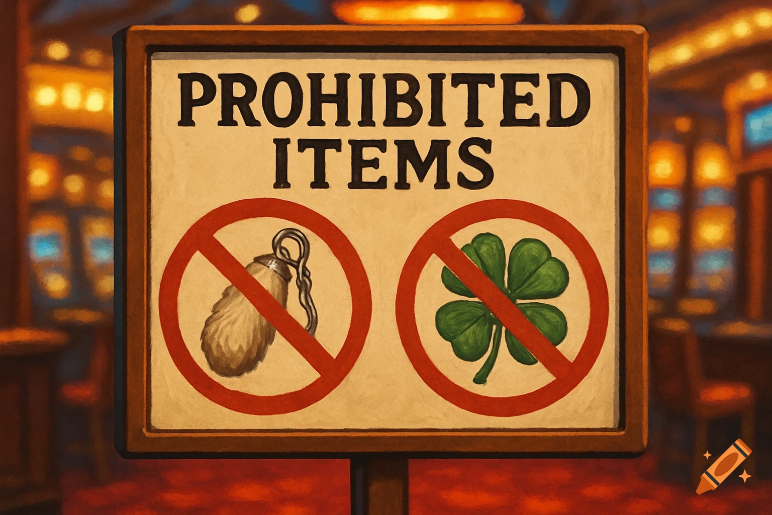 A 'PROHIBITED ITEMS' sign in a casino, banning a rabbit's foot and a ...