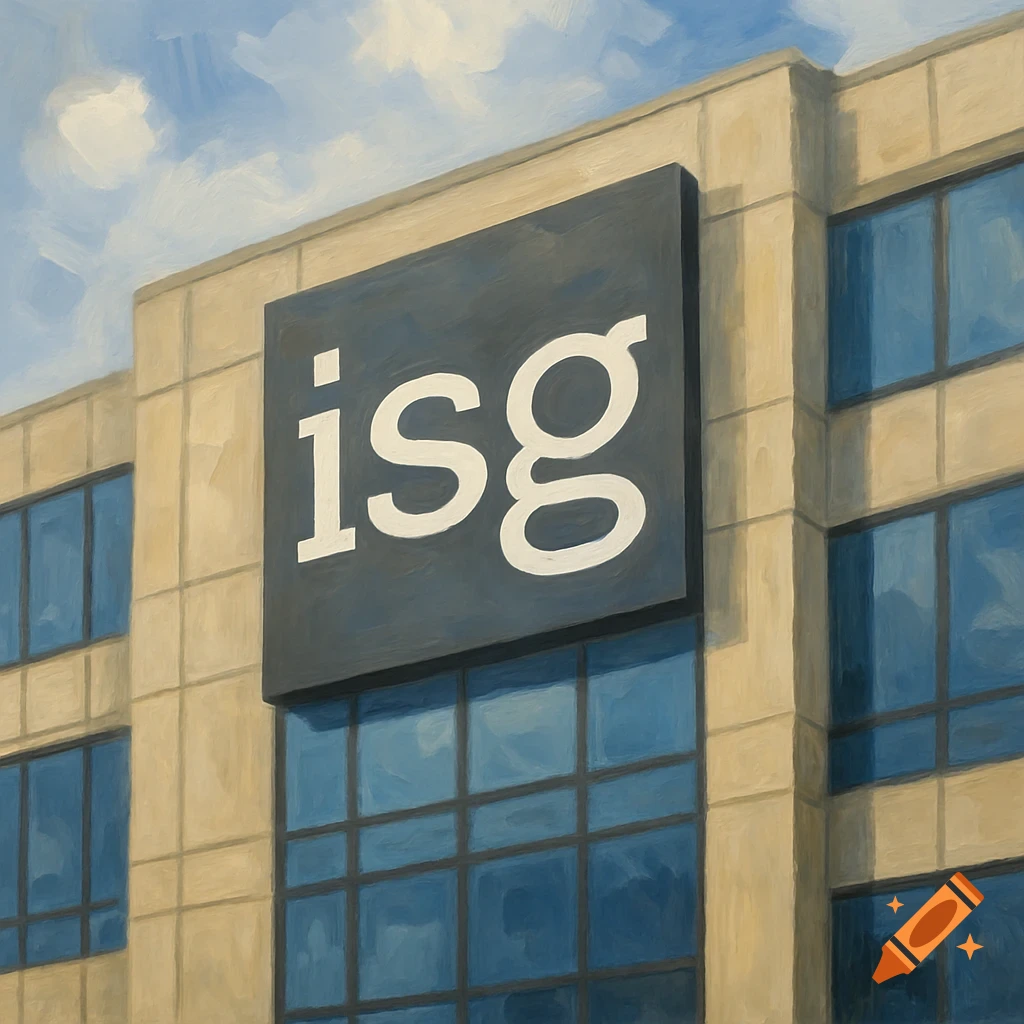 A painting of a building facade with a large dark sign displaying the ...