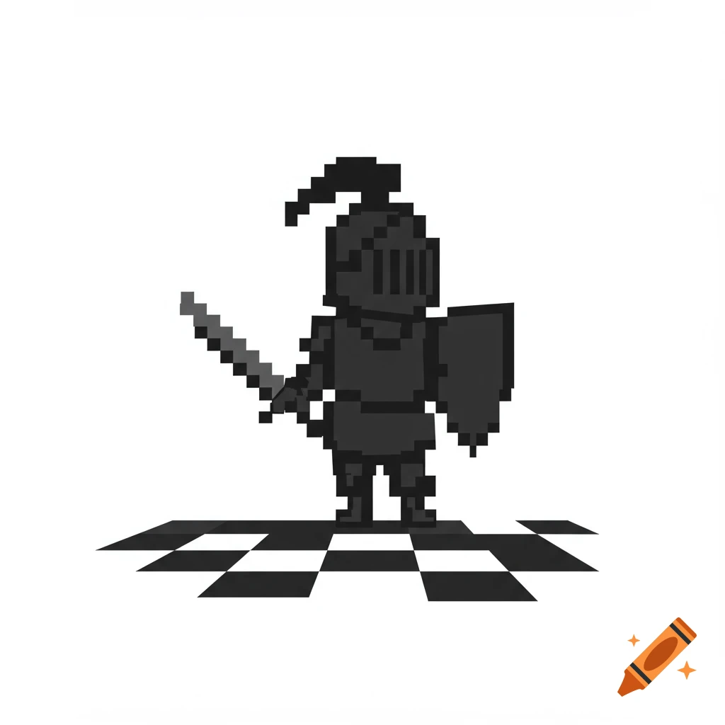 A black pixel art knight with a sword and shield stands on a black and ...