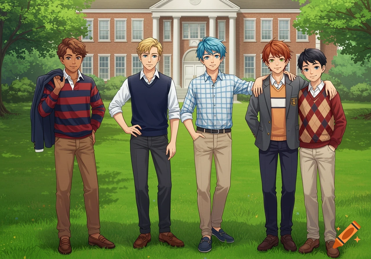 Five anime teenage boys stand on a vibrant green lawn in front of a ...