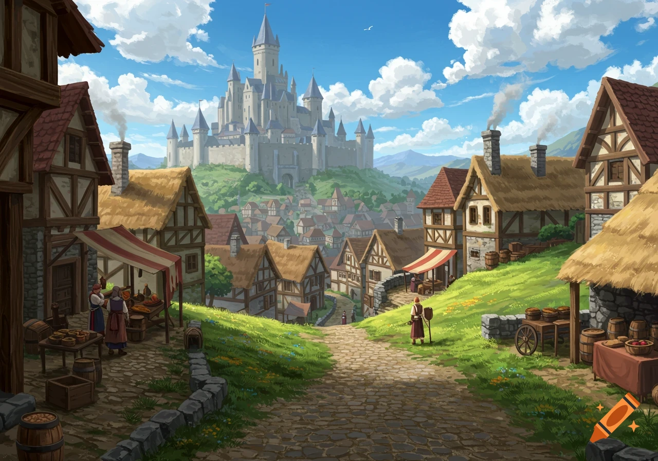 Illustrated medieval village with cobblestone path leading to a grand ...