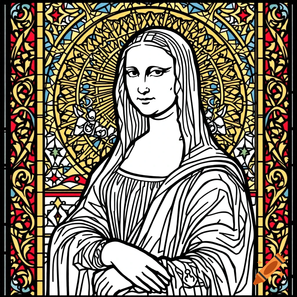 Mona Lisa depicted in a stained glass art style, with a detailed ...