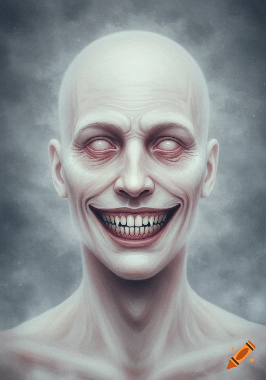 A creepy bald man with pale skin, white eyes, and a wide, unsettling ...