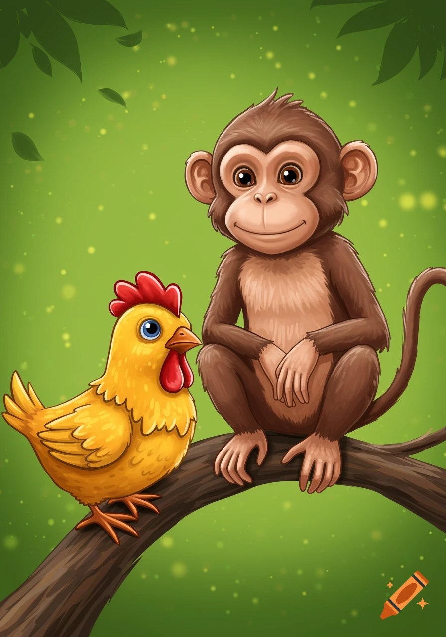 A cute cartoon monkey and a yellow chicken sit on a tree branch with a ...