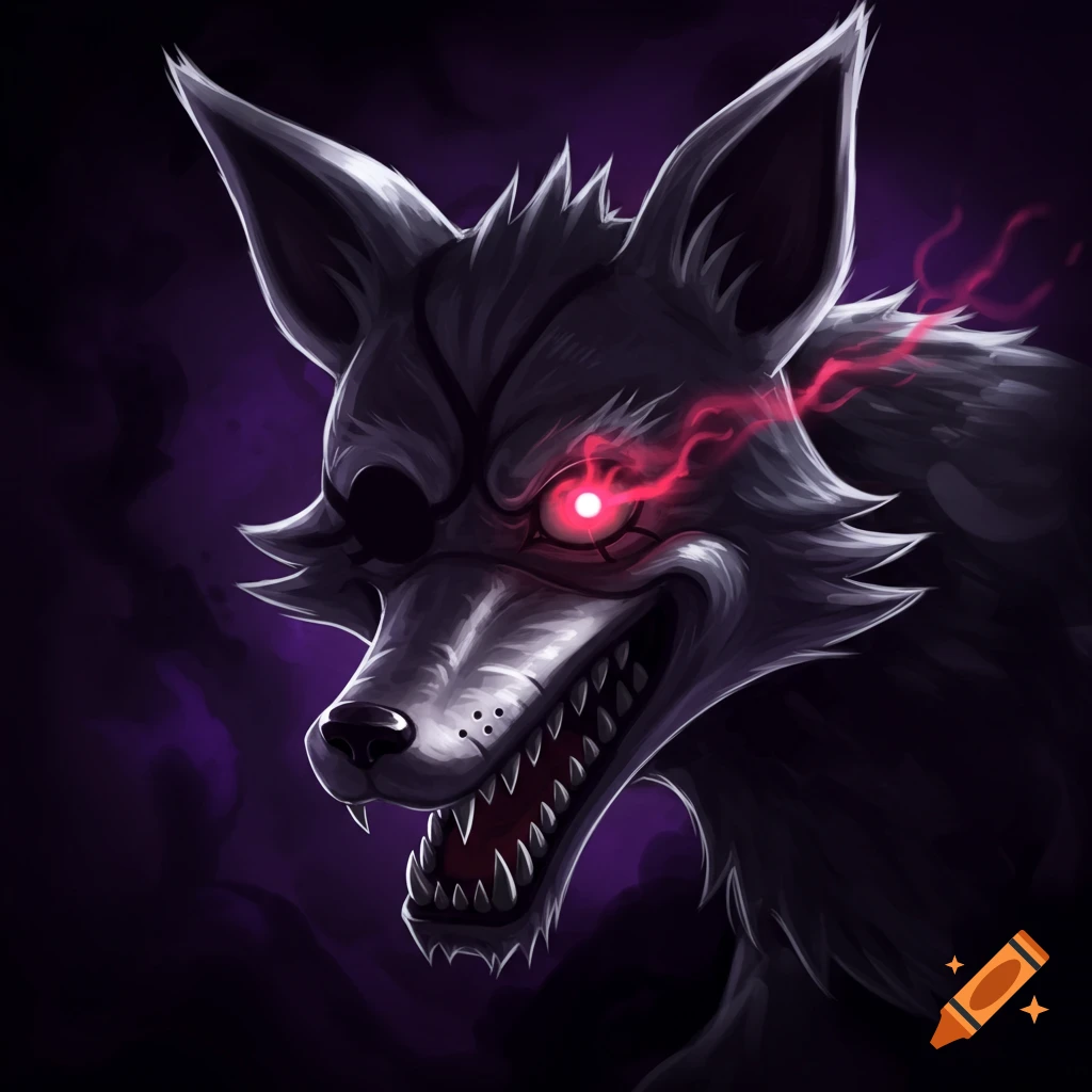 A snarling, dark grey wolf-like creature with an eyepatch and a glowing ...