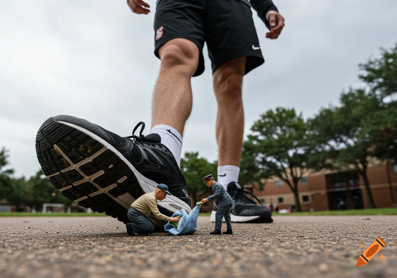 A low-angle shot of a person's large running shoe, with two tiny ...