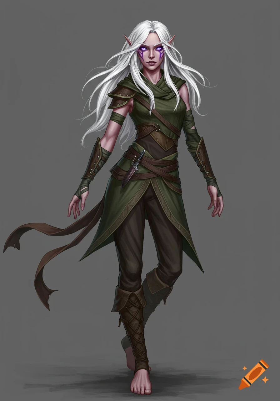 A full-body fantasy illustration of an elf woman with long white hair ...