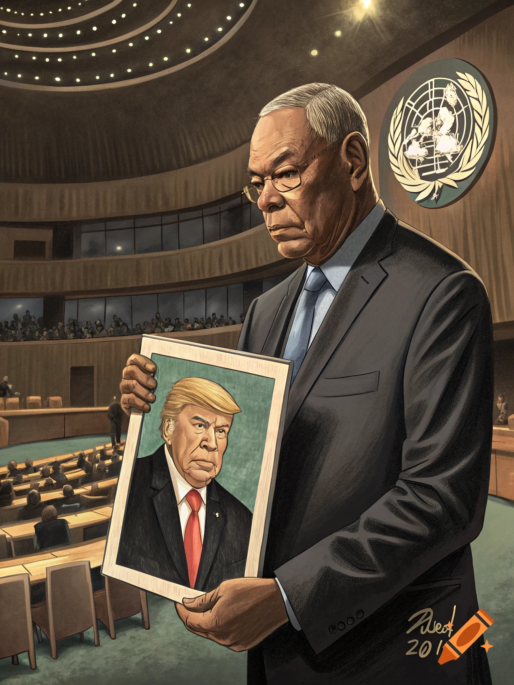 Illustration of Colin Powell holding a portrait of Donald Trump in the ...