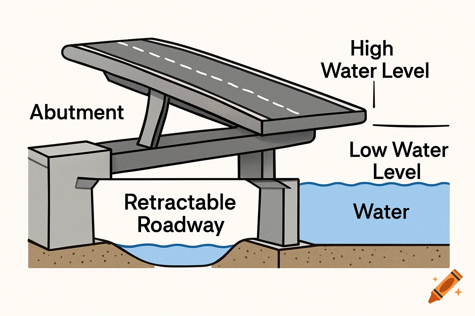 A simple diagram illustrating a retractable roadway over water, showing ...