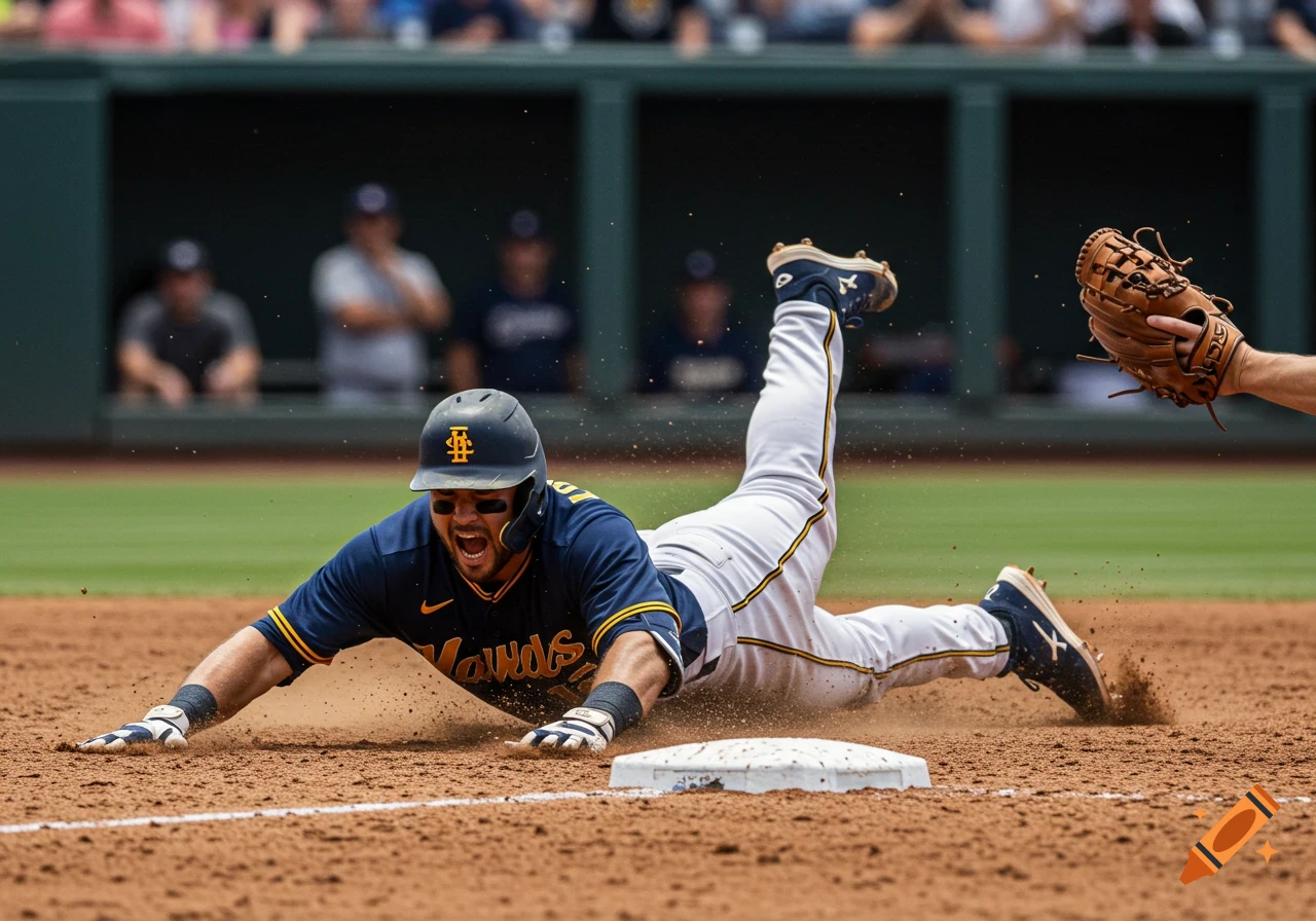 A baseball player in a blue and yellow uniform slides headfirst into ...
