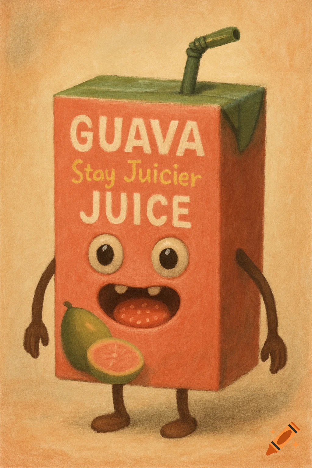 A cartoon juice box character with eyes, mouth, arms, and legs ...