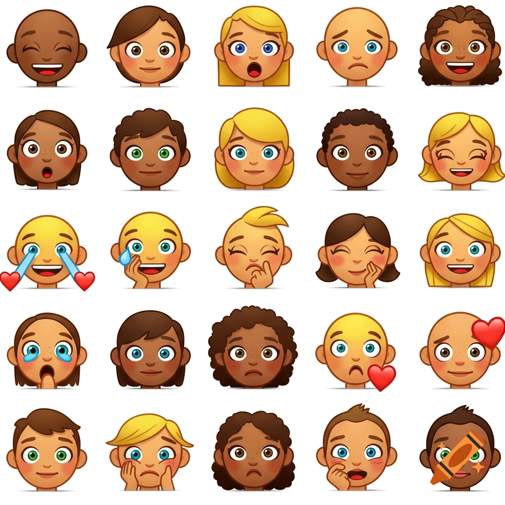 Grid of diverse cartoon emoji faces expressing a range of emotions. on ...
