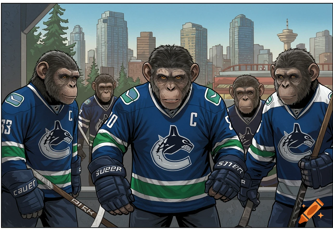 A group of chimpanzees wearing blue and green Vancouver Canucks hockey ...