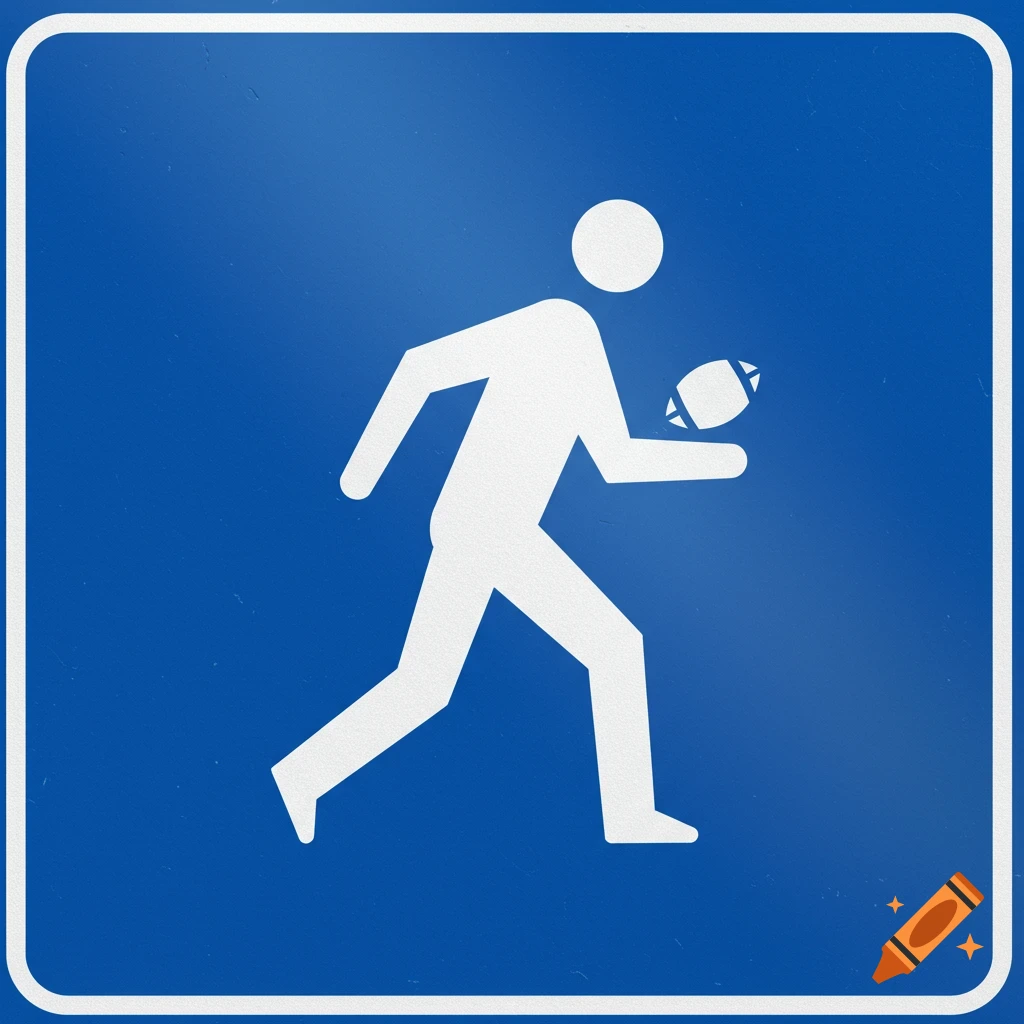 A blue sign with a white pictogram of a person running while holding a ...