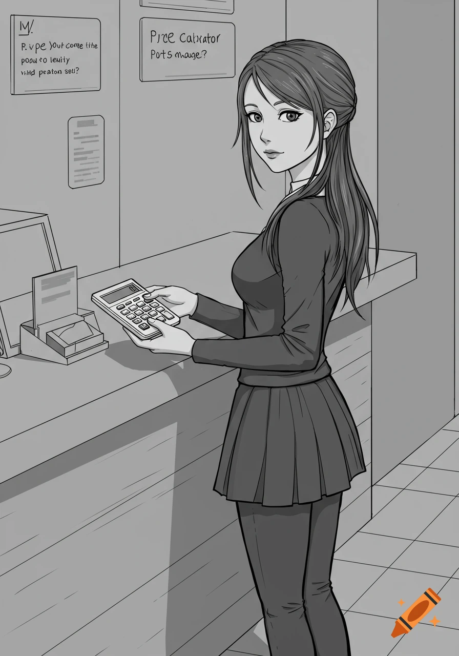 A black and white drawing of a young woman holding a calculator at a ...