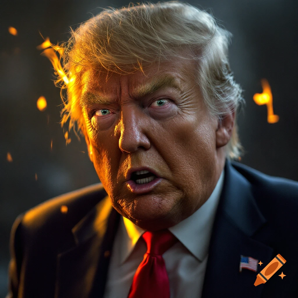 Close-up photorealistic portrait of an angry Donald Trump with glowing ...