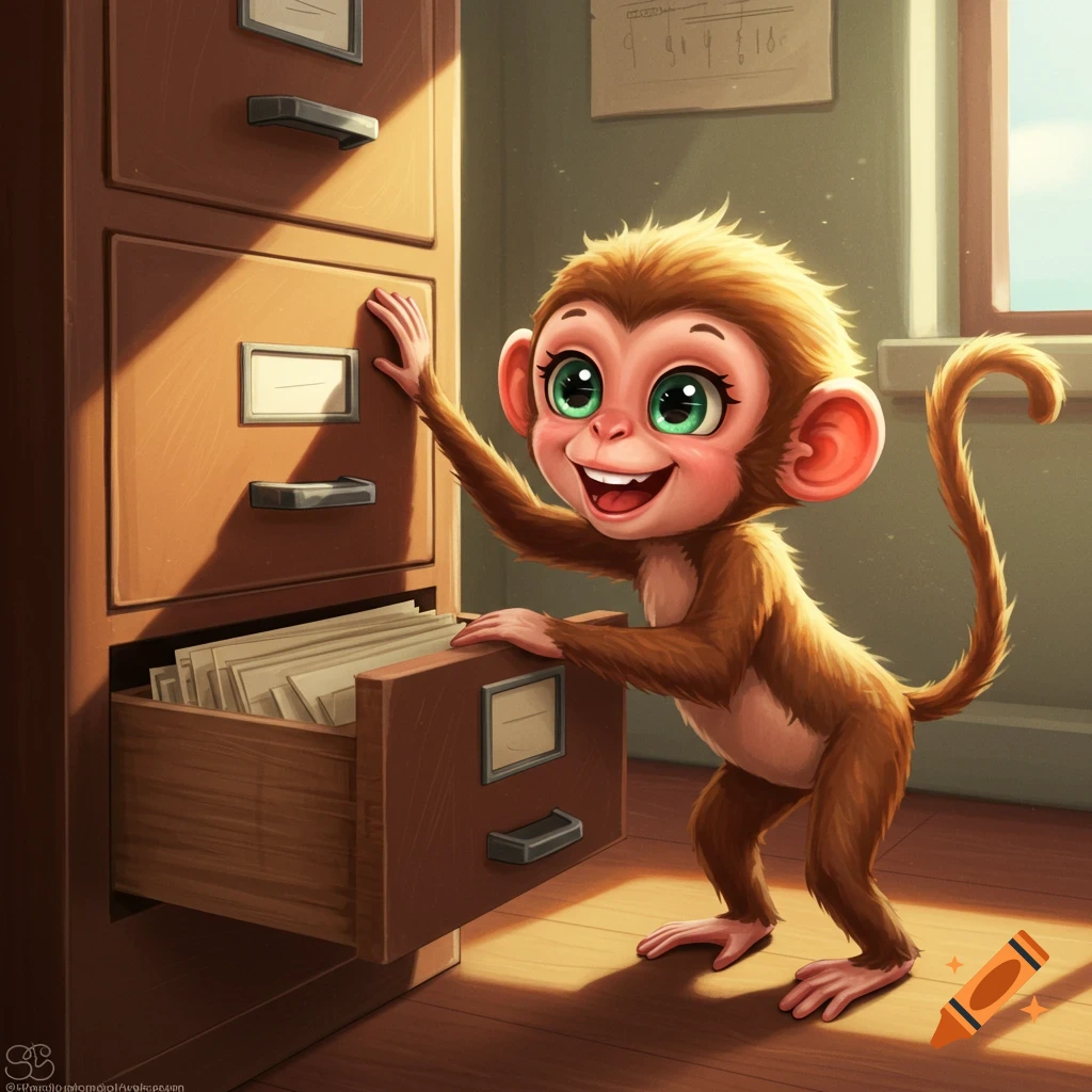 A smiling cartoon monkey with big green eyes opens a drawer of a wooden ...
