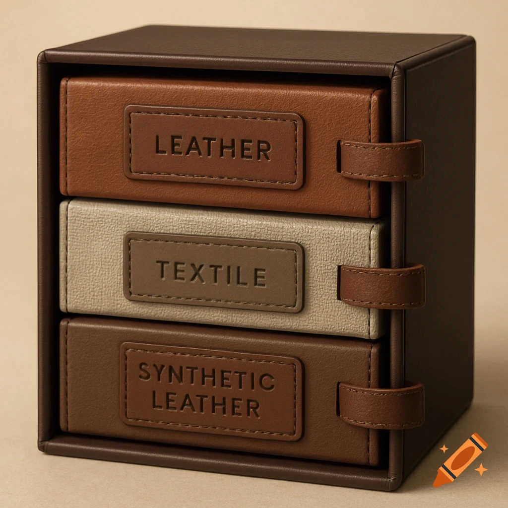 A brown three-drawer desk organizer with labels for Leather, Textile ...