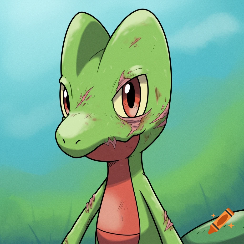 A green gecko-like Pokemon with scars on its face and body in an anime ...