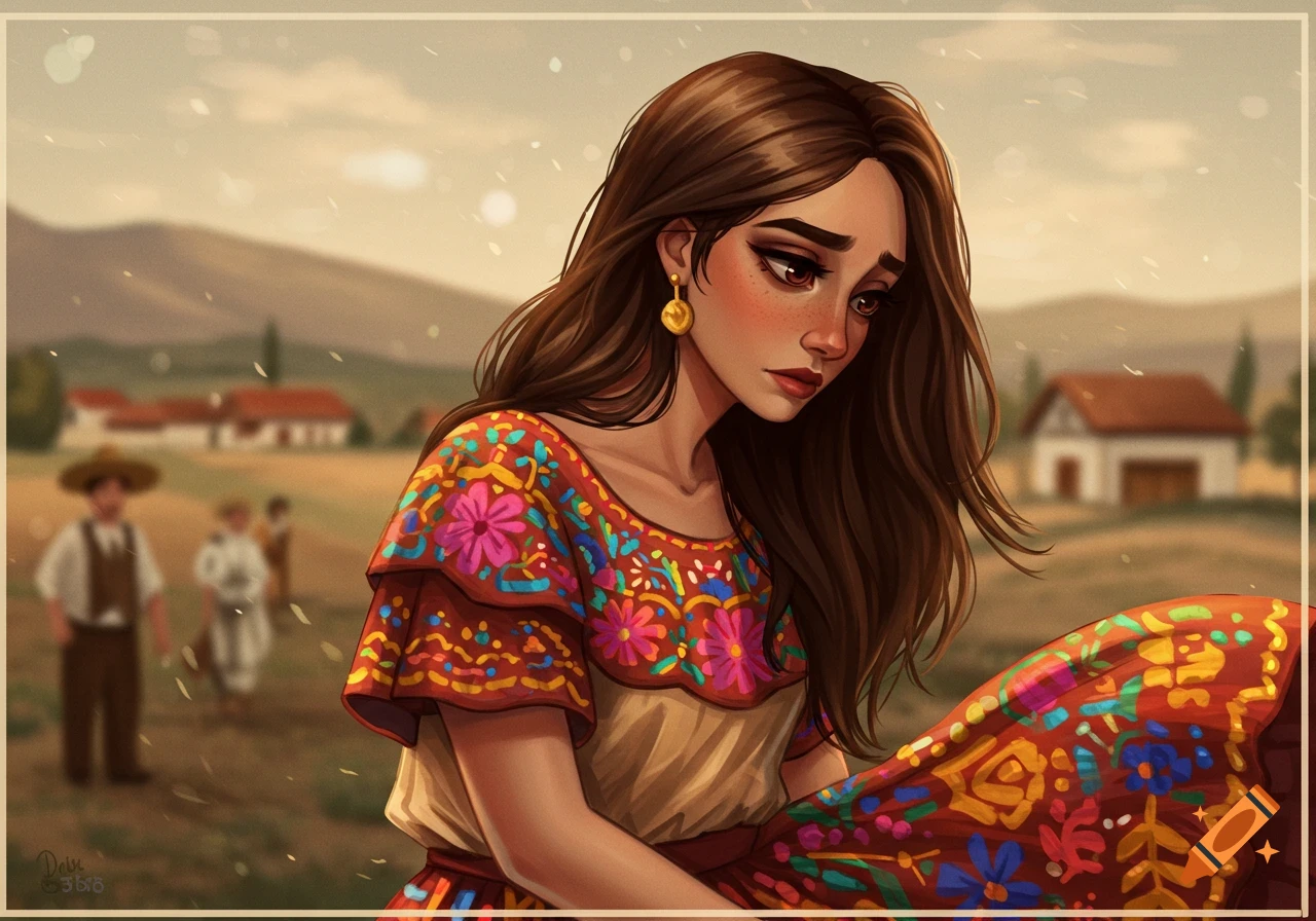 Stylized illustration of a sad young woman in a colorful embroidered ...