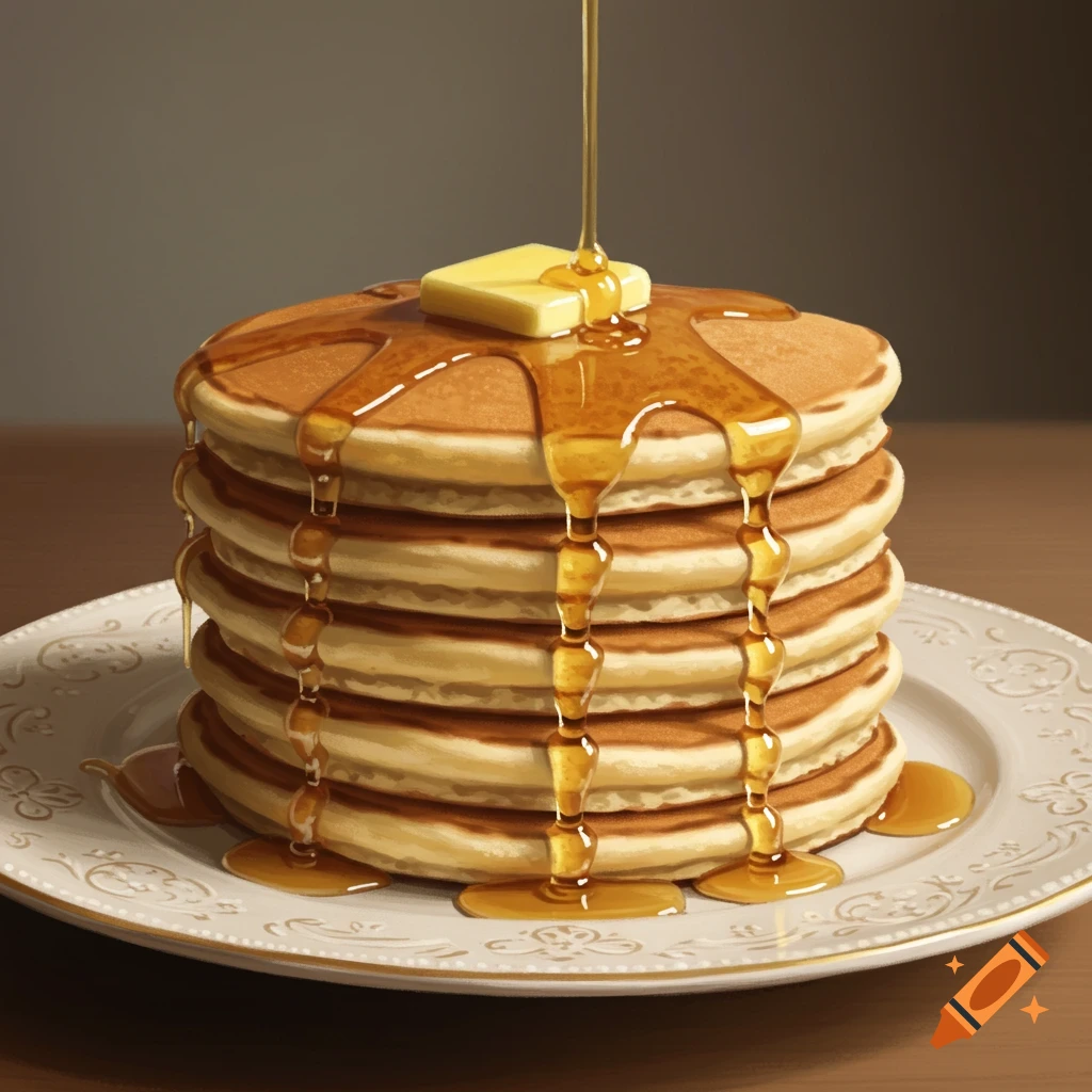 A photorealistic stack of pancakes with syrup pouring over a pat of ...