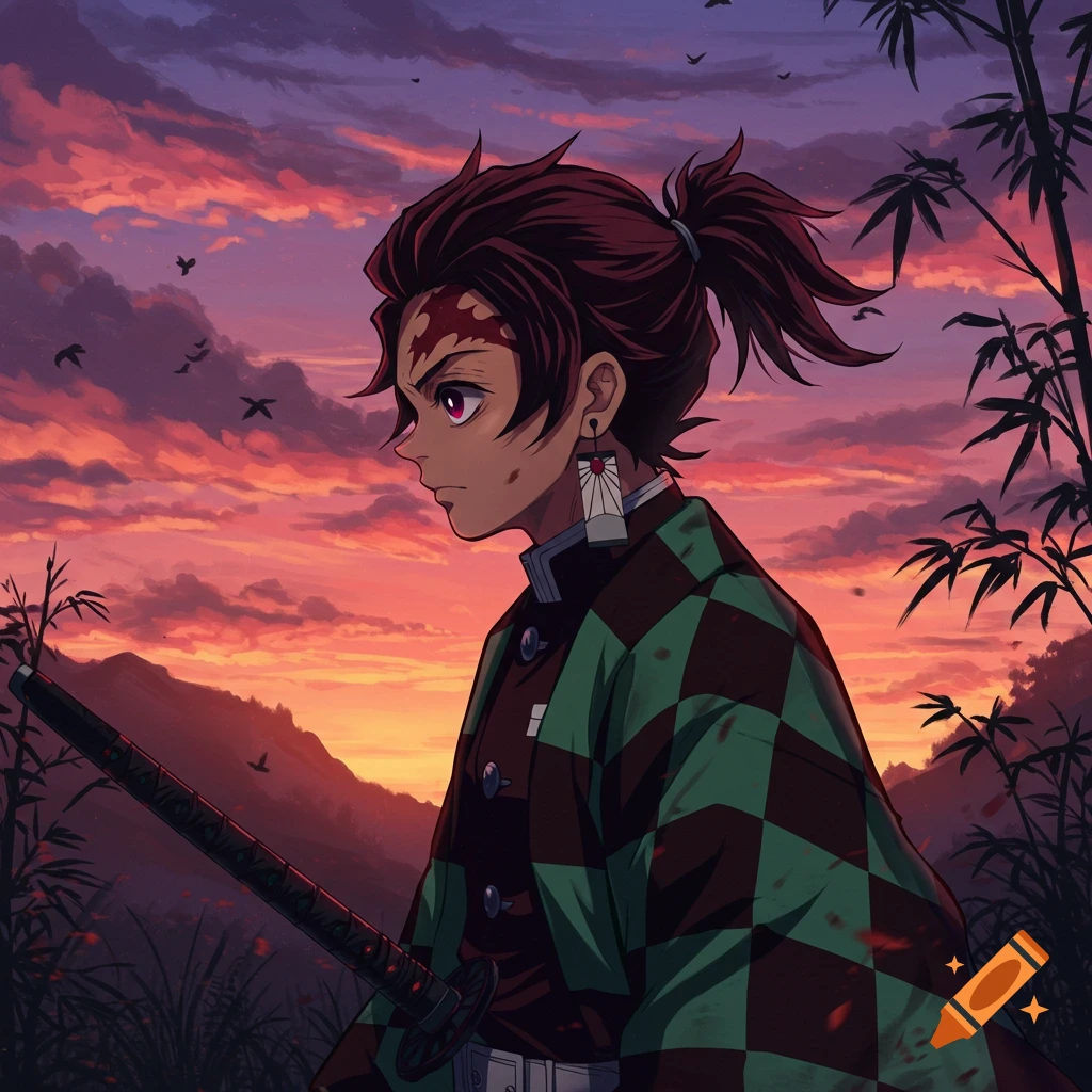 Anime character with dark hair and checkered haori looking left at a ...