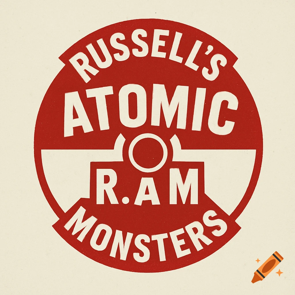 A red and white circular logo for "Russell's Atomic Monsters" featuring ...