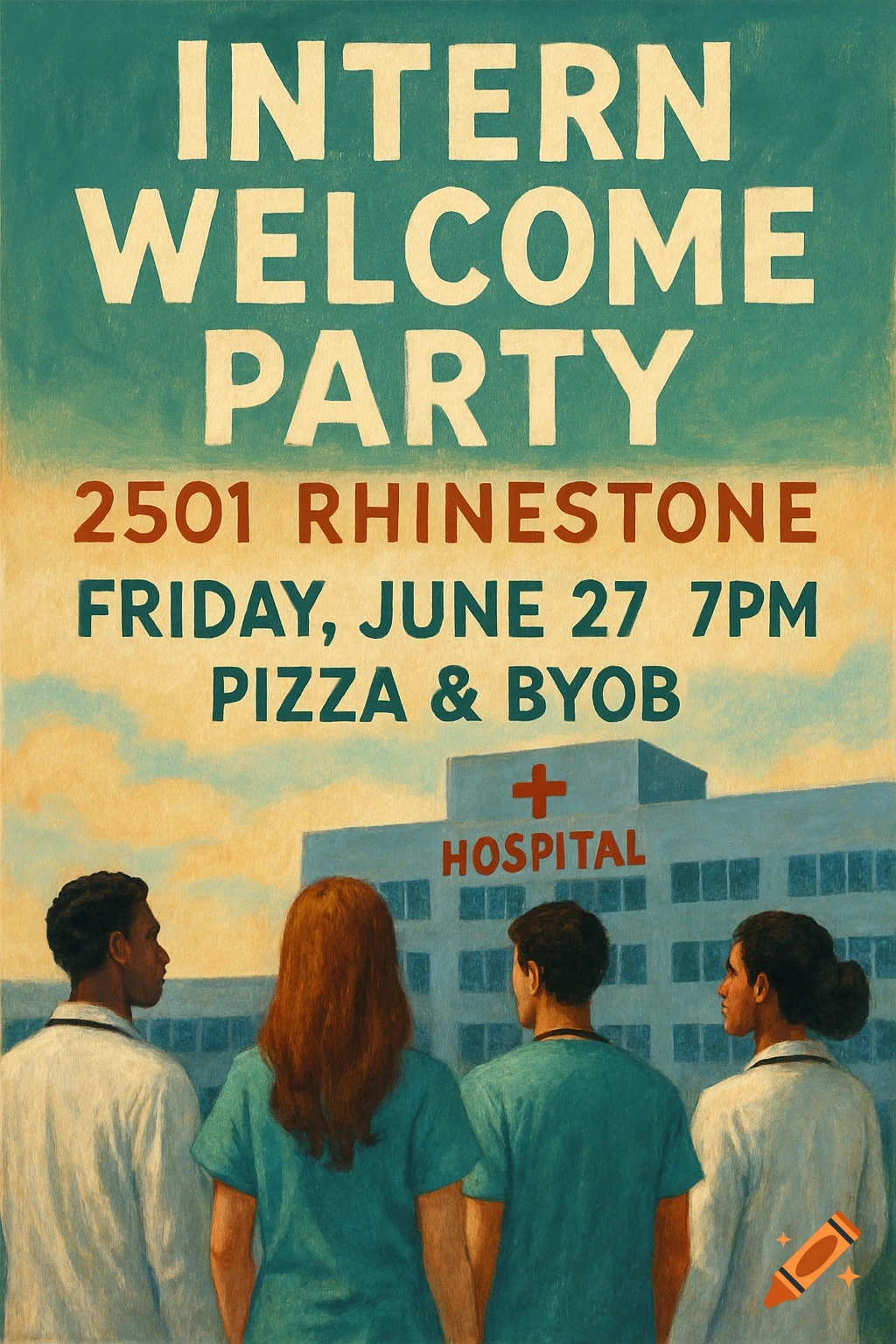 A vintage-style poster for an 'Intern Welcome Party' featuring medical ...