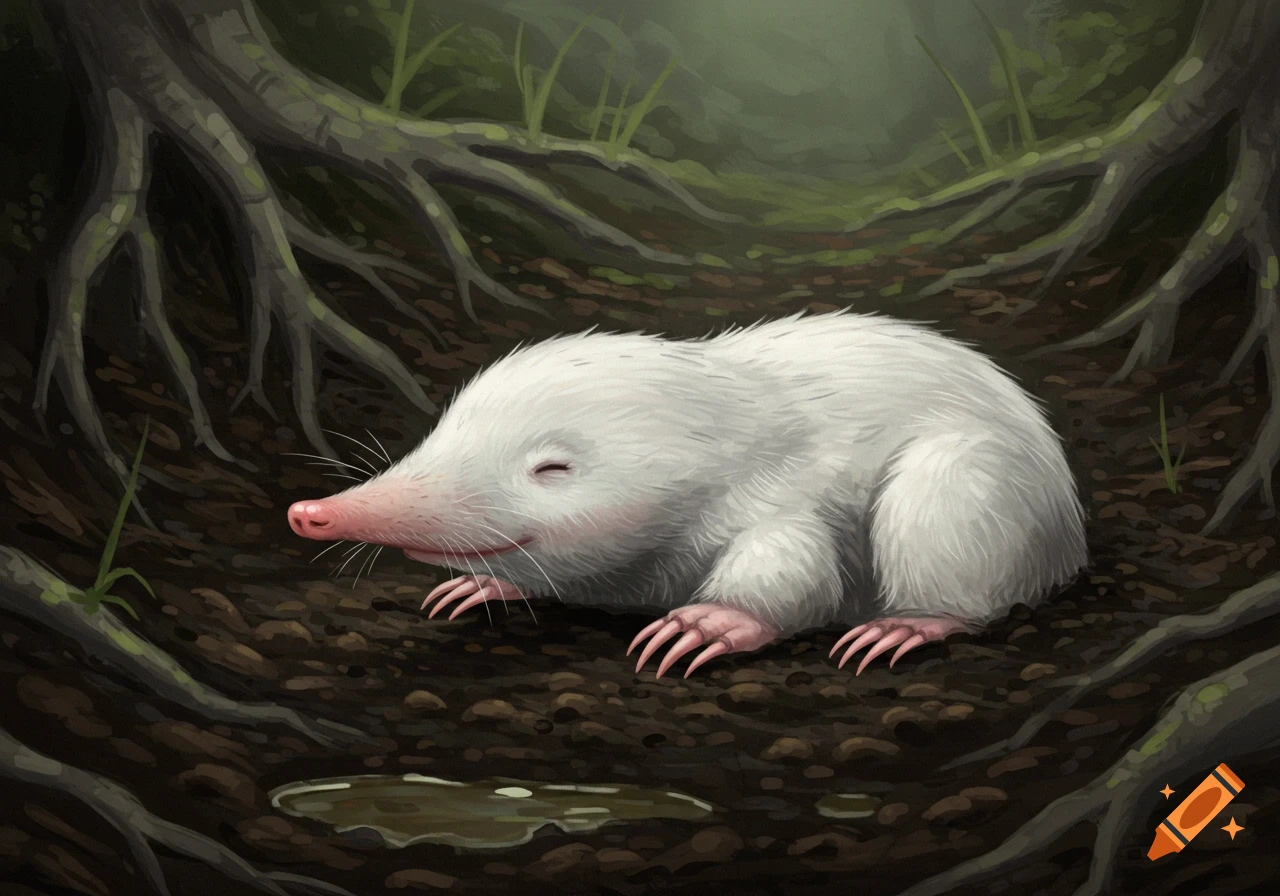 A white mole with a long pink nose and closed eyes rests on brown soil ...