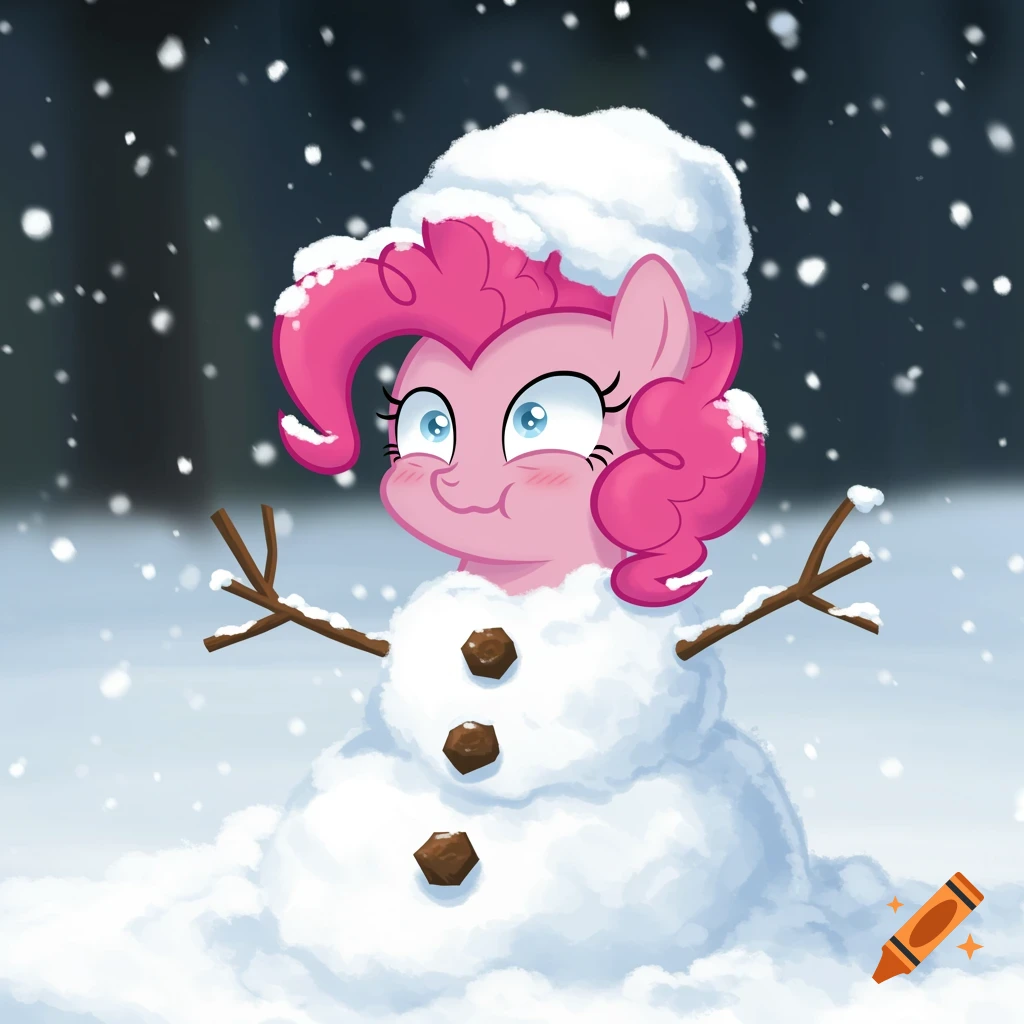 Pinkie Pie from My Little Pony as a chibi snowman in a snowy landscape ...