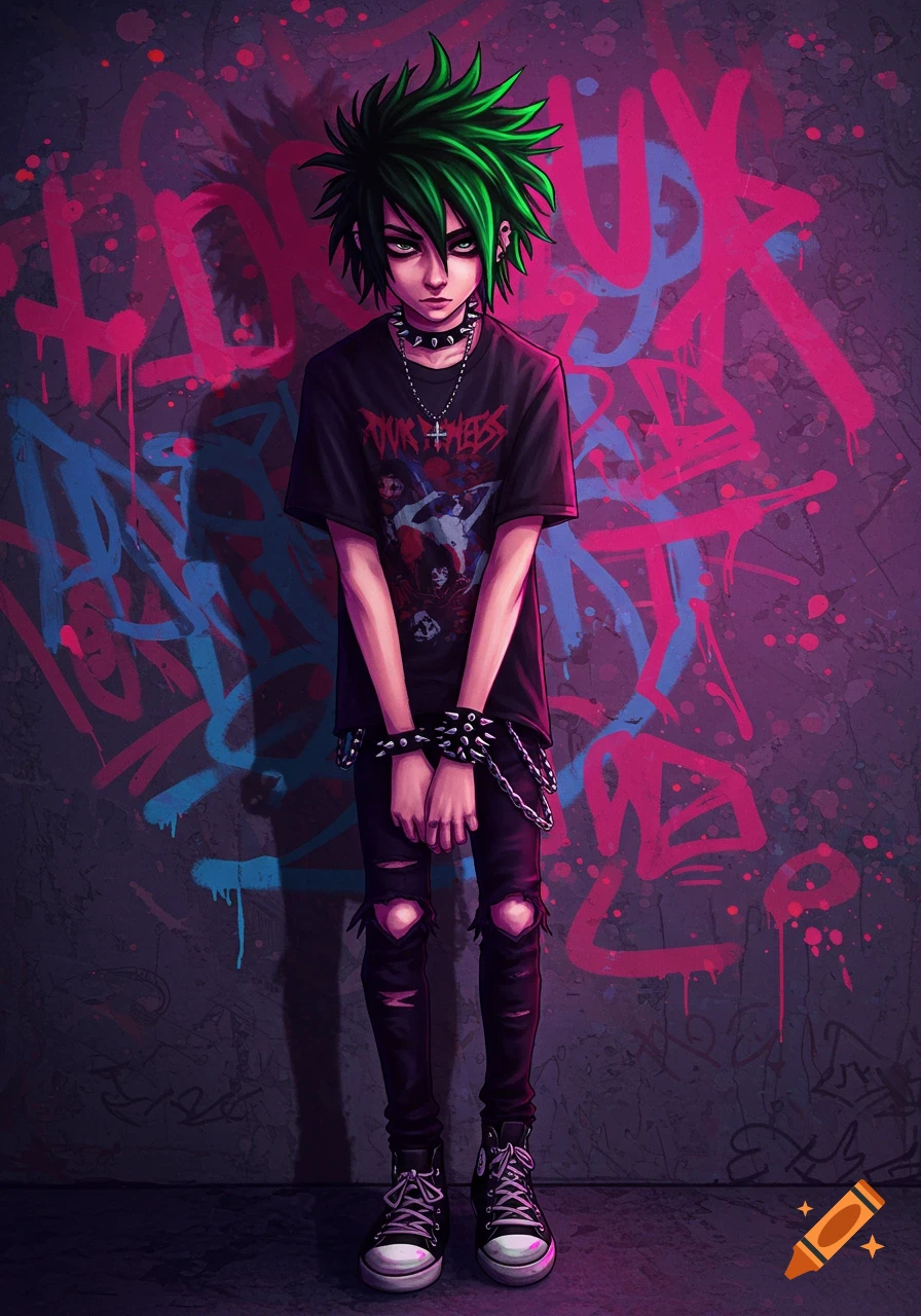 An emo boy with spiky green hair, dark makeup, a studded choker, and a ...