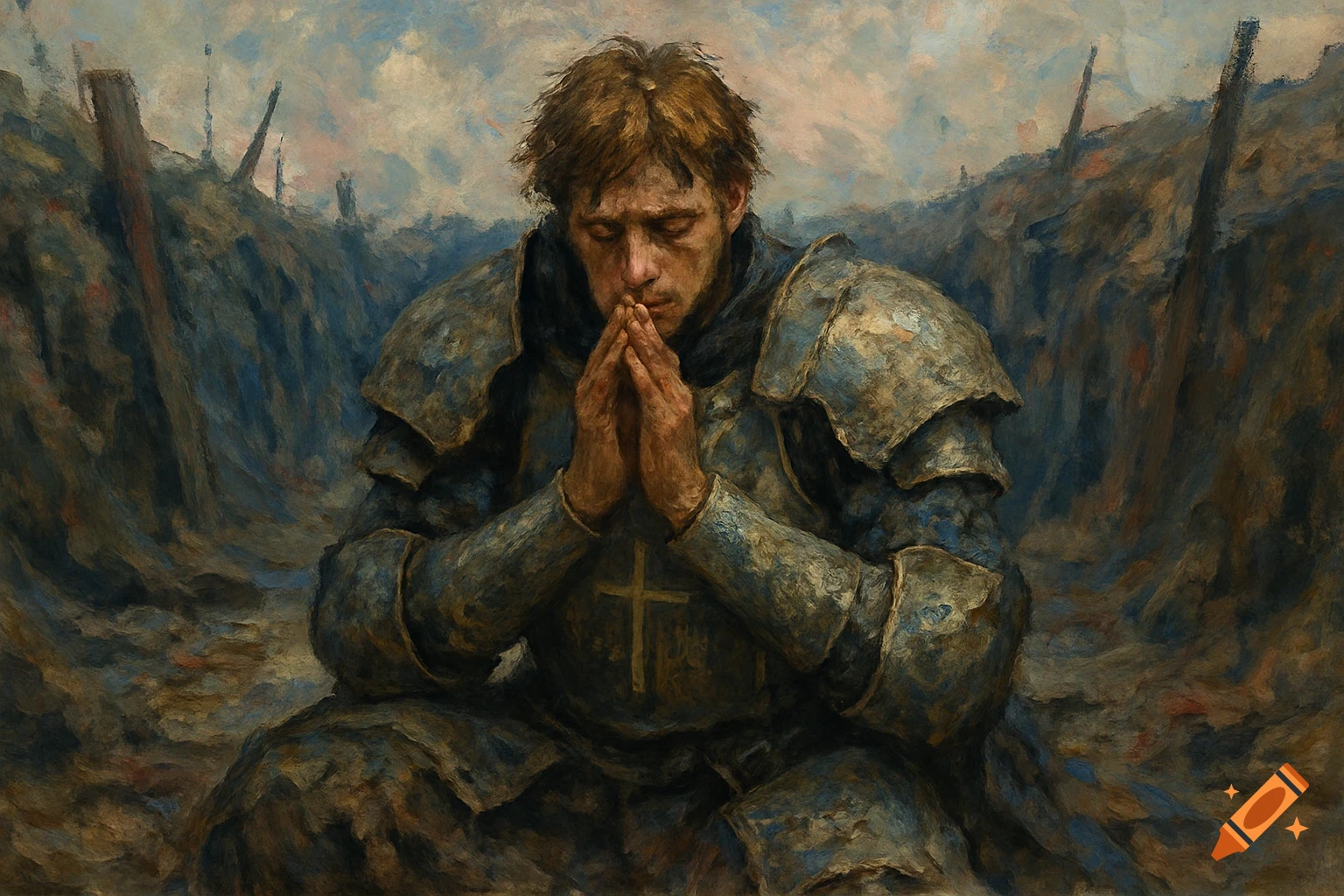 An impressionistic painting of a tired knight with messy brown hair ...