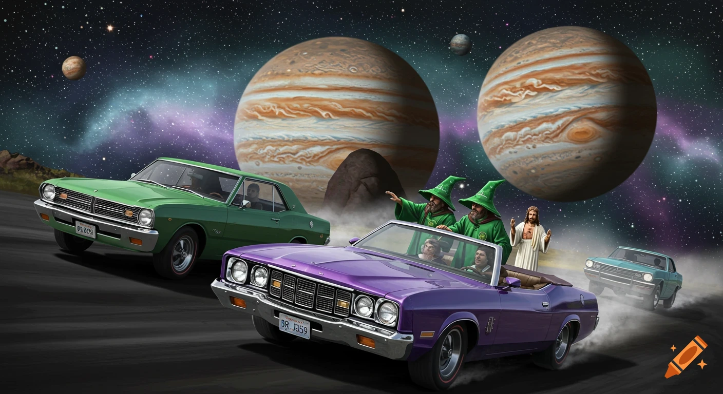 Two wizards in a purple convertible drag racing a green car through ...