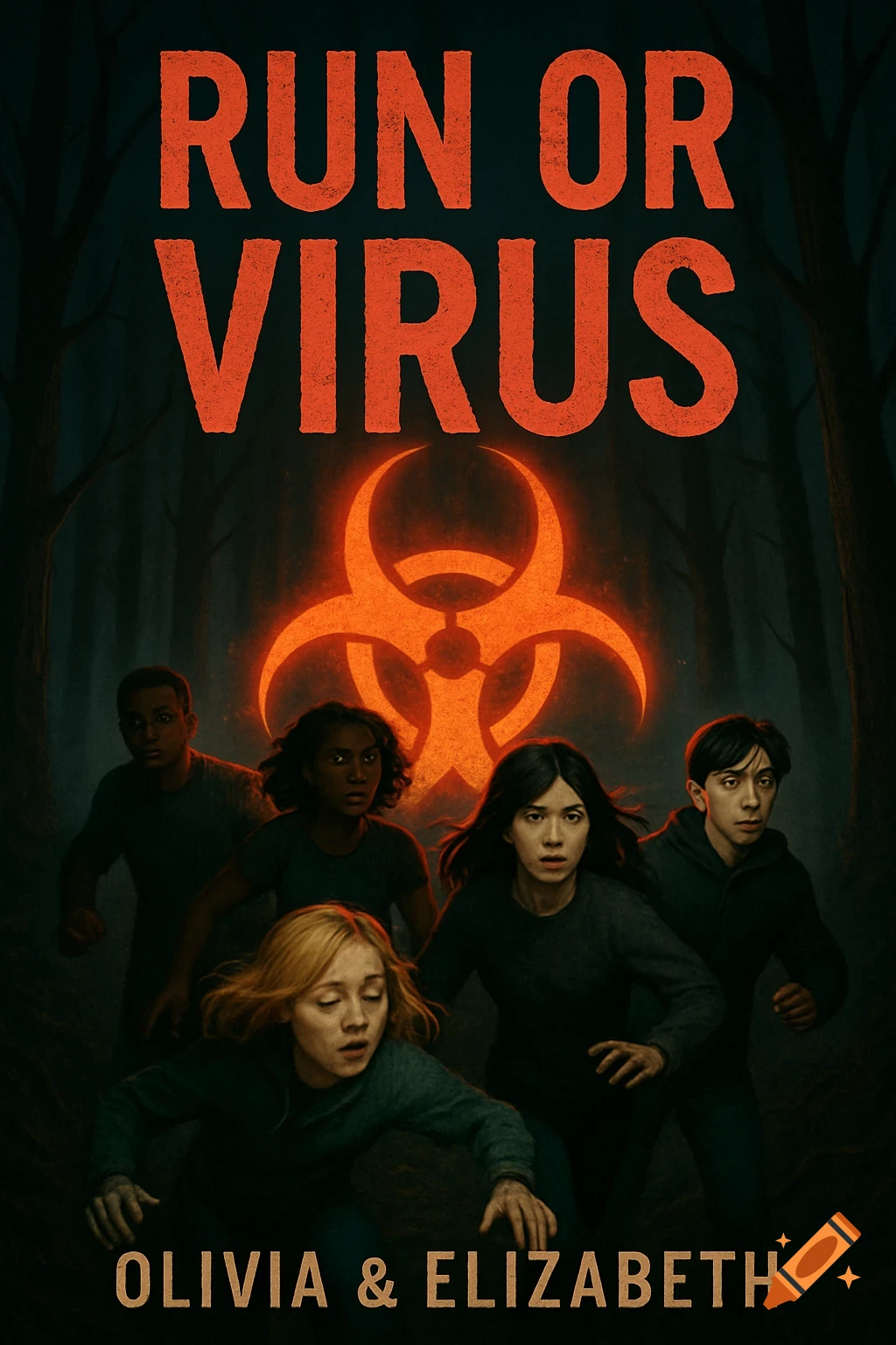 A horror book cover titled RUN OR VIRUS, showing five young people ...