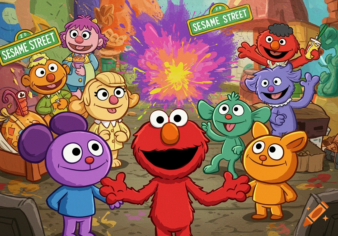 Elmo stands with various cartoon characters on a colorful street, with ...
