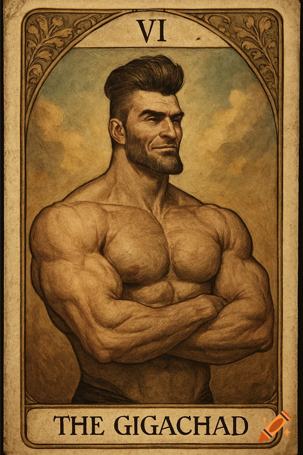 A vintage-style tarot card featuring a muscular, bearded man with a ...
