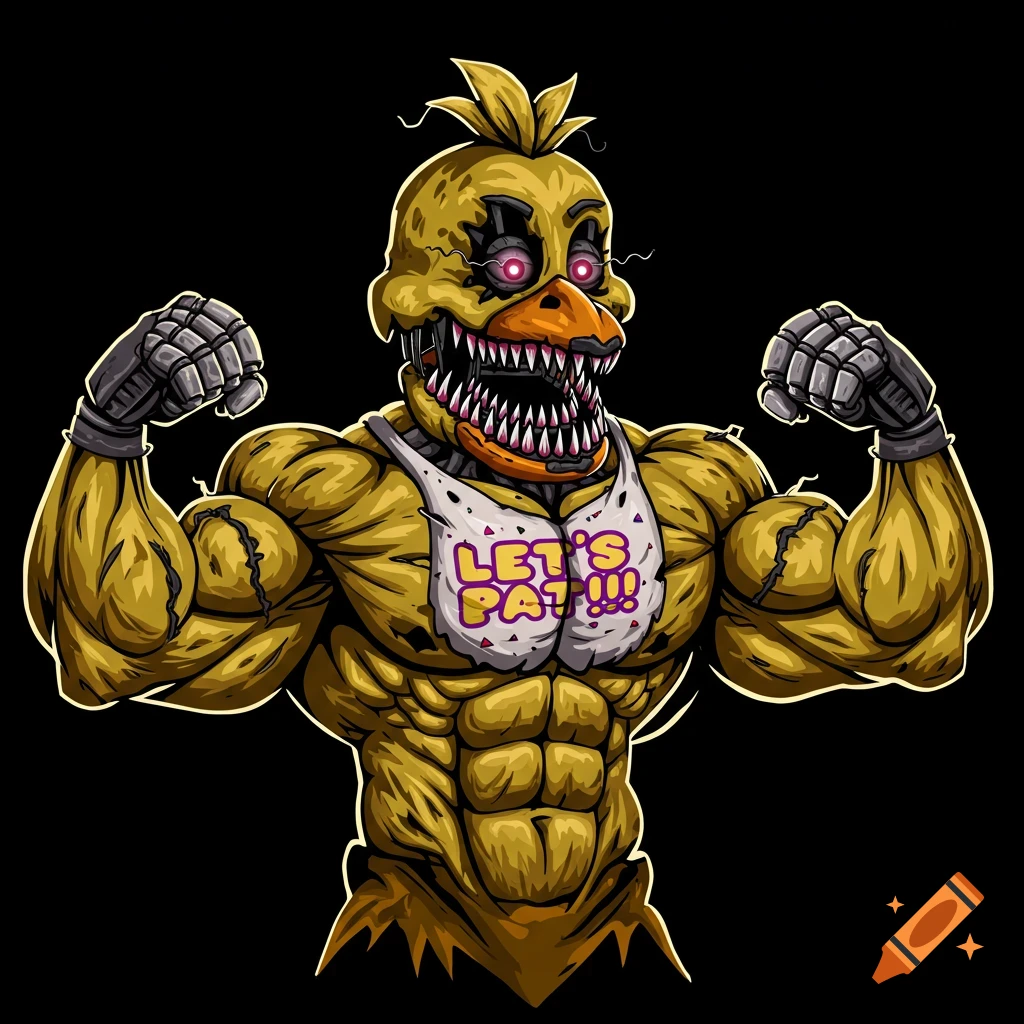A muscular Nightmare Chica from Five Nights at Freddy's flexes, showing ...