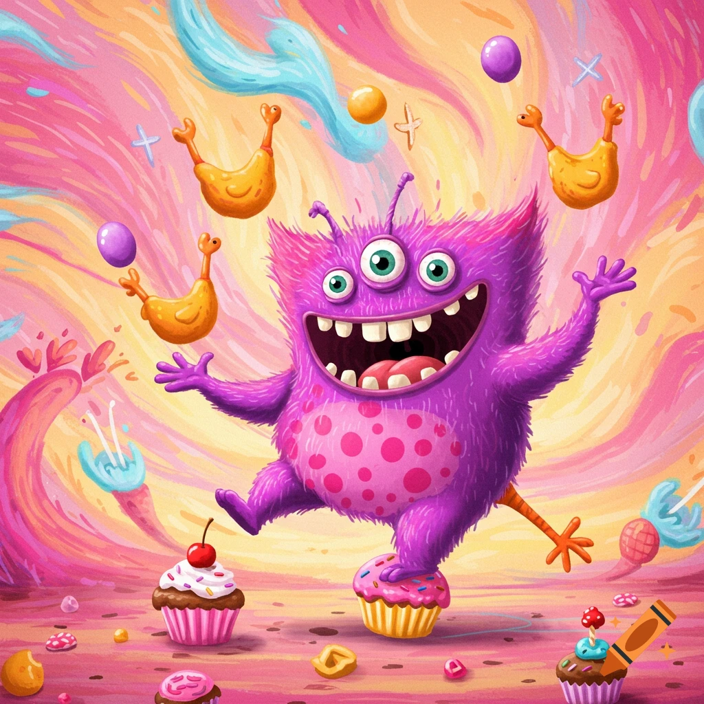 A silly, fluffy purple monster with three eyes balances on a cupcake in ...