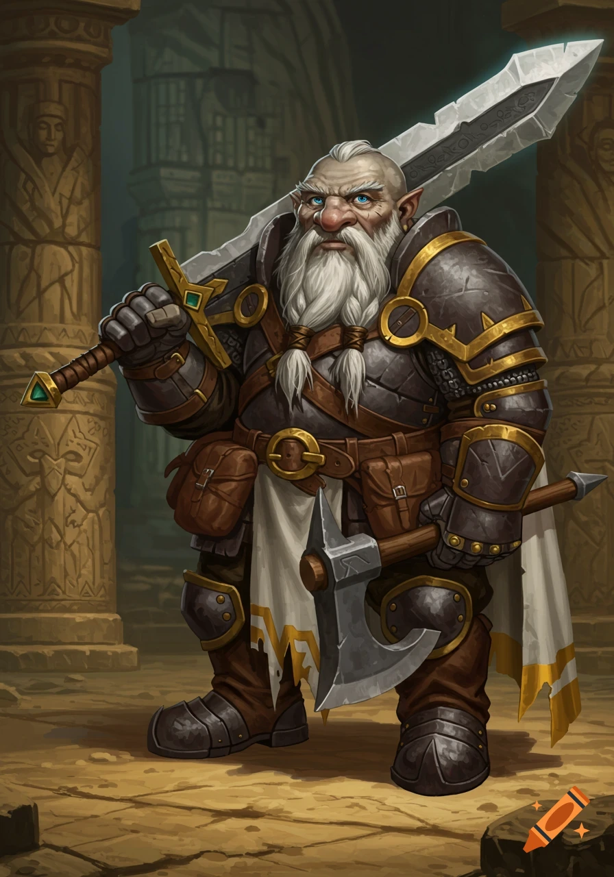 A heavily armored dwarf with a long white beard, holding a greatsword ...