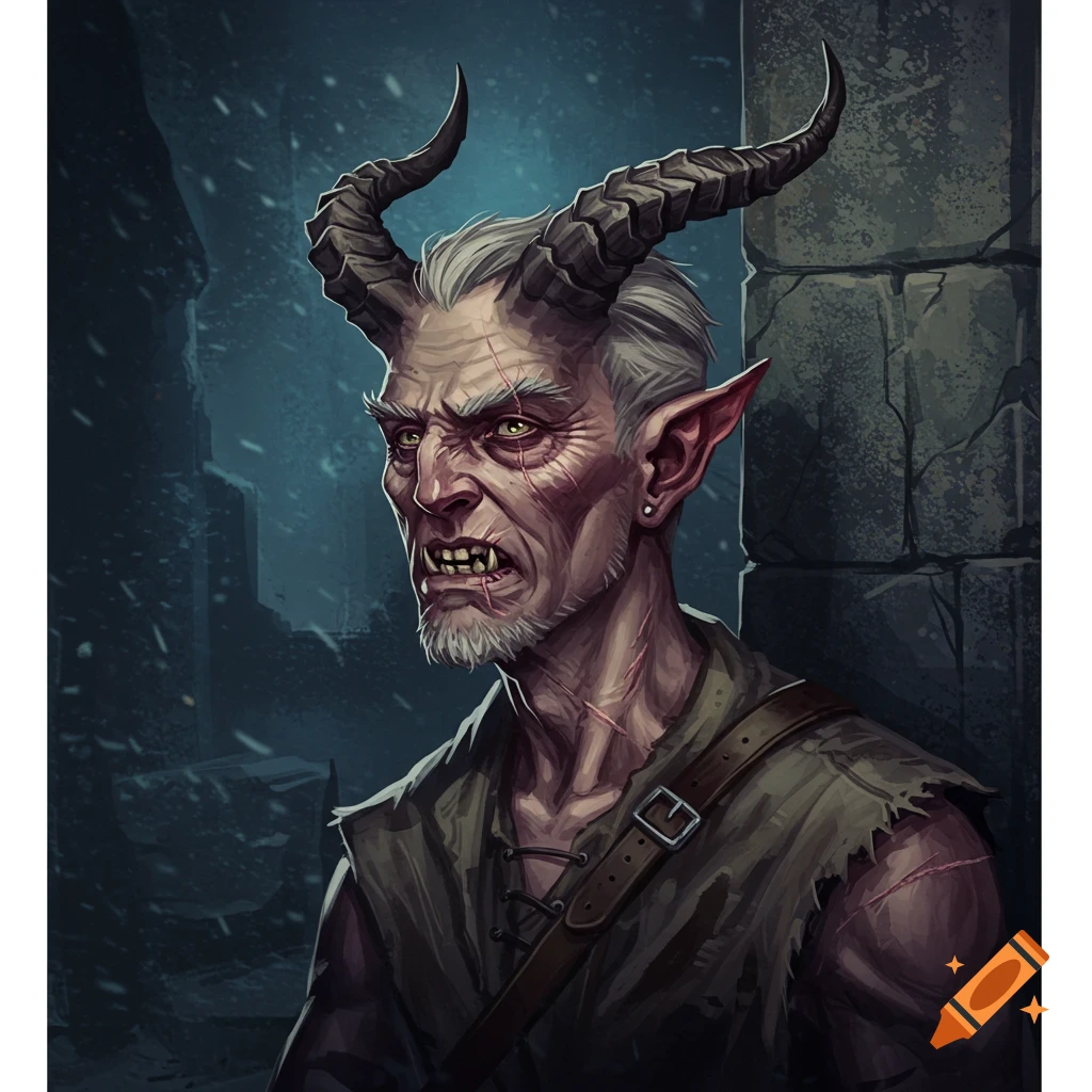 A grizzled, pale-skinned male tiefling with horns, gap teeth, and scars ...
