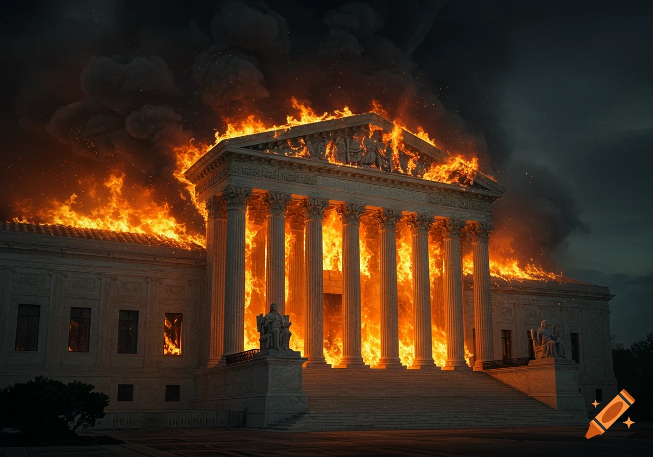 Photorealistic image of the Supreme Court building engulfed in flames ...