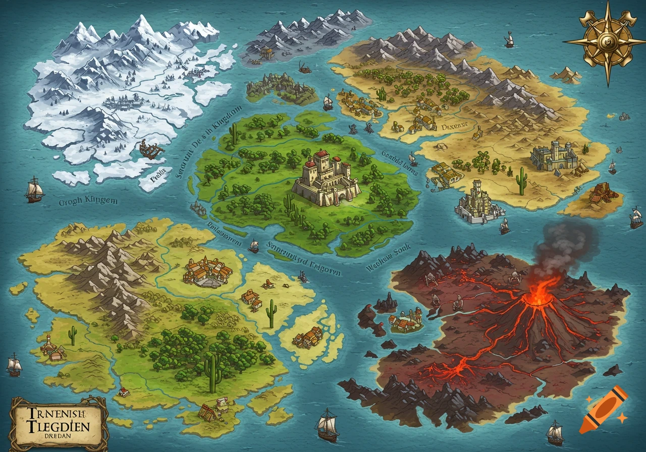 A detailed fantasy world map depicting various biomes including snowy ...
