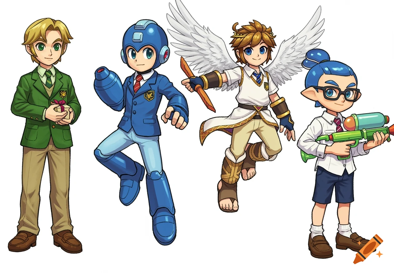 Four preppy-styled male video game characters stand in a row against a ...