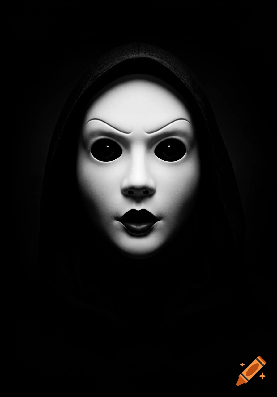 A close-up, monochromatic image of a figure in a dark hooded cloak ...